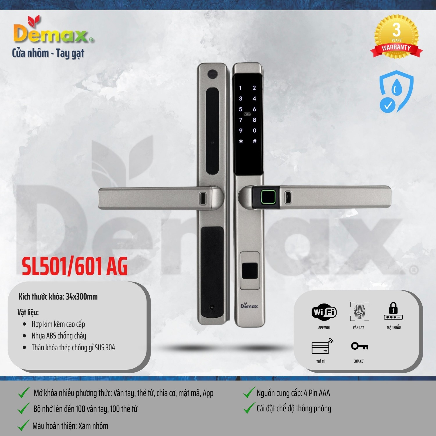 KHÓA THÔNG MINH CỬA NHÔM DEMAX SL601 AG