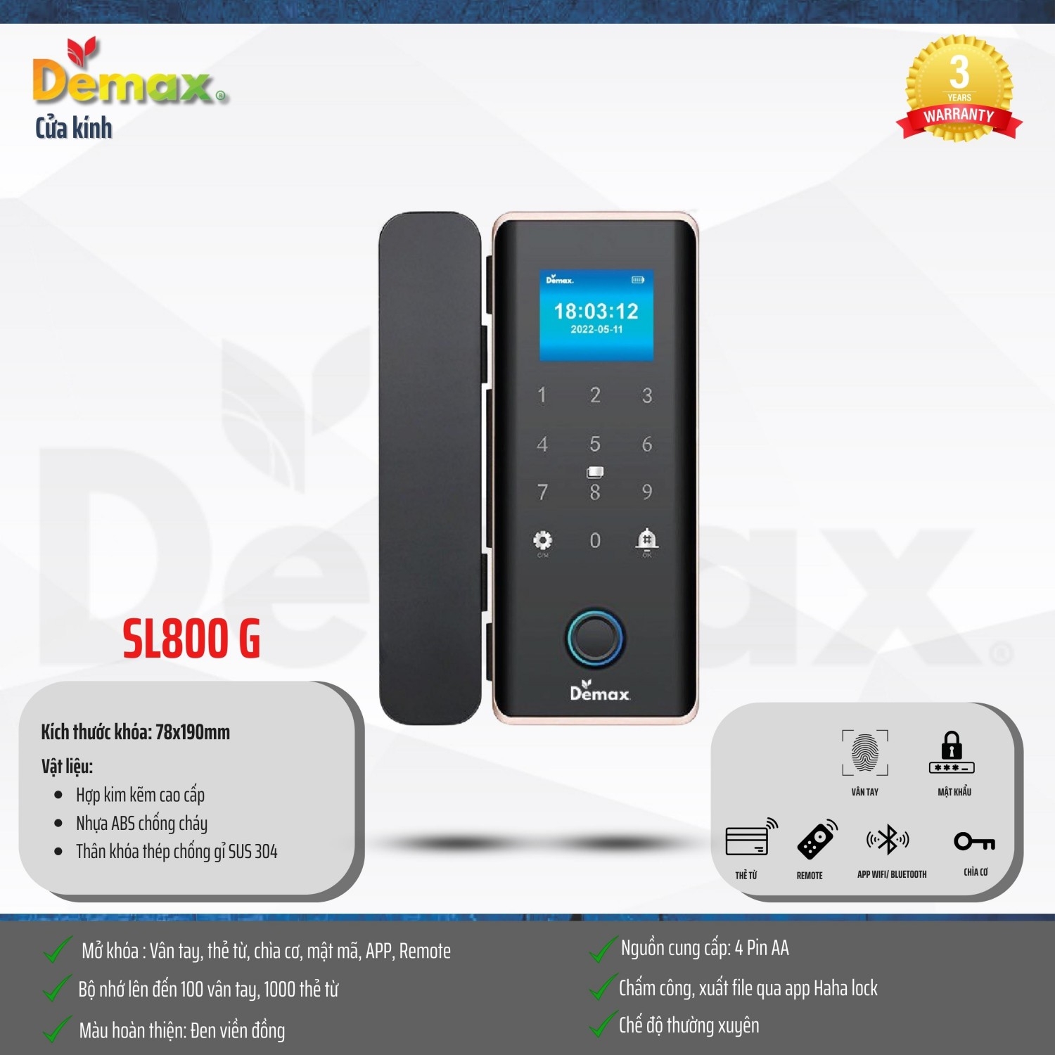KHÓA THÔNG MINH CỬA KÍNH DEMAX SL800 G - REMOTE
