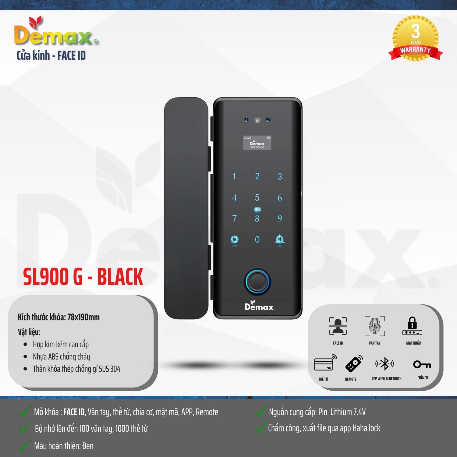 KHÓA THÔNG MINH FACE ID CỬA KÍNH DEMAX SL900 G BLACK