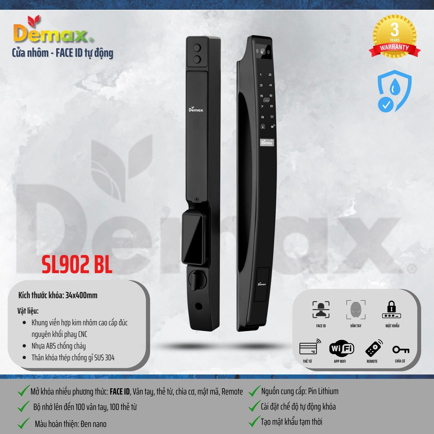 KHÓA THÔNG MINH NHẬN DIỆN KHUÔN MẶT CỬA NHÔM DEMAX SL902 BL - REMOTE